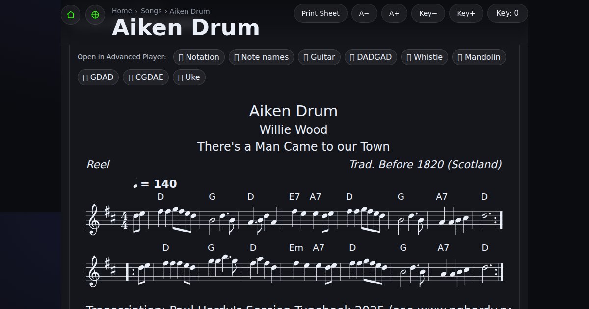 Aiken Drum with chords - reel D Scotland – Session Trad Tune Explorer